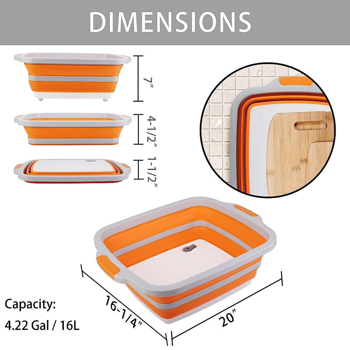 Large Collapsible Cutting Board(4.22 Gal/16L), Foldable Camping Sink with Colander, BBQ Prep Tub with Lid, Multifunction Dish Basin for Kitchen, Bowl, Vegetable and Fruit, Storage Basket for Picnic
