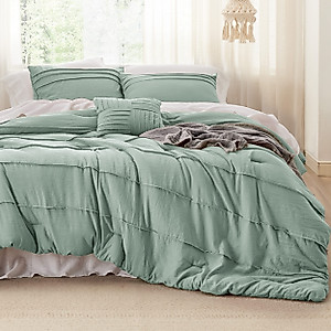 Bedsure Queen Comforter Set - 4 Pieces Pinch Pleat Bed Set, Sage Green Boho Bedding for All Season, 1 Soft Comforter, 2 Pillowcases, 1 Decorative Pillow