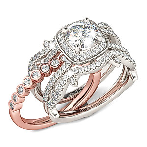 Jeulia Two Tone Interchangeable Rings Rose Gold Plated Engagement Rings Halo Round Cut Twisted Bridal Set Sterling Silver Wedding Anniversary Promise Rings (7.5)