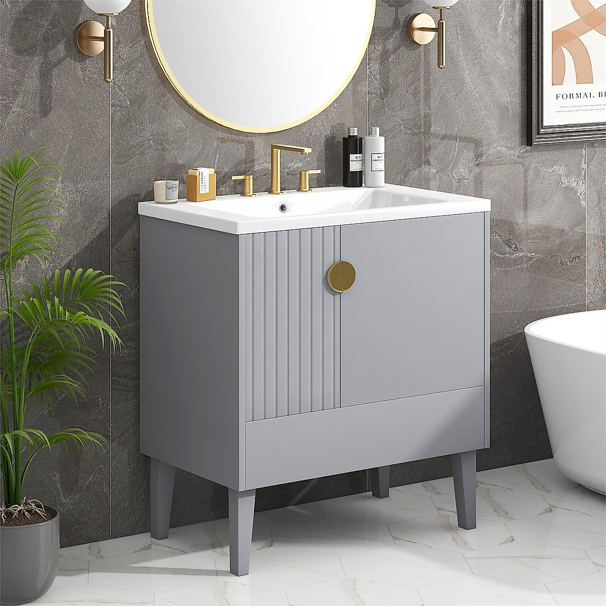 PIETFIU 30" Bathroom Vanity with Sink Combo, Freestanding Bathroom Cabinet with Door and Drawers, Solid Frame,GoldenMetal Handle (Grey, 30 Inch)