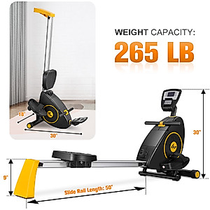 FISUP Rowing Machine 265LB Weight Capacity for Home Use with LCD Monitor and Comfortable Seat Cushion,50 Inch Slide Rail Indoor Rowing Machine for Cardio Training