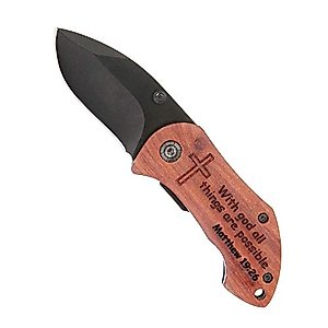 FAYERXL Engraved Catholic Knife with Cross Prayer Bible Verse Hiking Knife,Be Strong & Courageous Christian Religious Scripture Prayer Gift