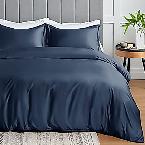 CozyLux 100% Organic Bamboo-Rayon Duvet Cover Queen Set Size Navy 3PCS 300TC Luxury Comforter Cover 90" x 90", Oeko-Tex Cooling Duvet Covers with Zipper Closure and Corner Ties,Navy
