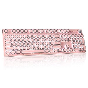 CHICHEN Retro Steampunk Typewriter-Style Gaming Keyboard, Blue Switches,Pure White Backlight, USB Wired, for PC Laptop Desktop, Stylish Pink Mechanical Keyboard Round Keycaps