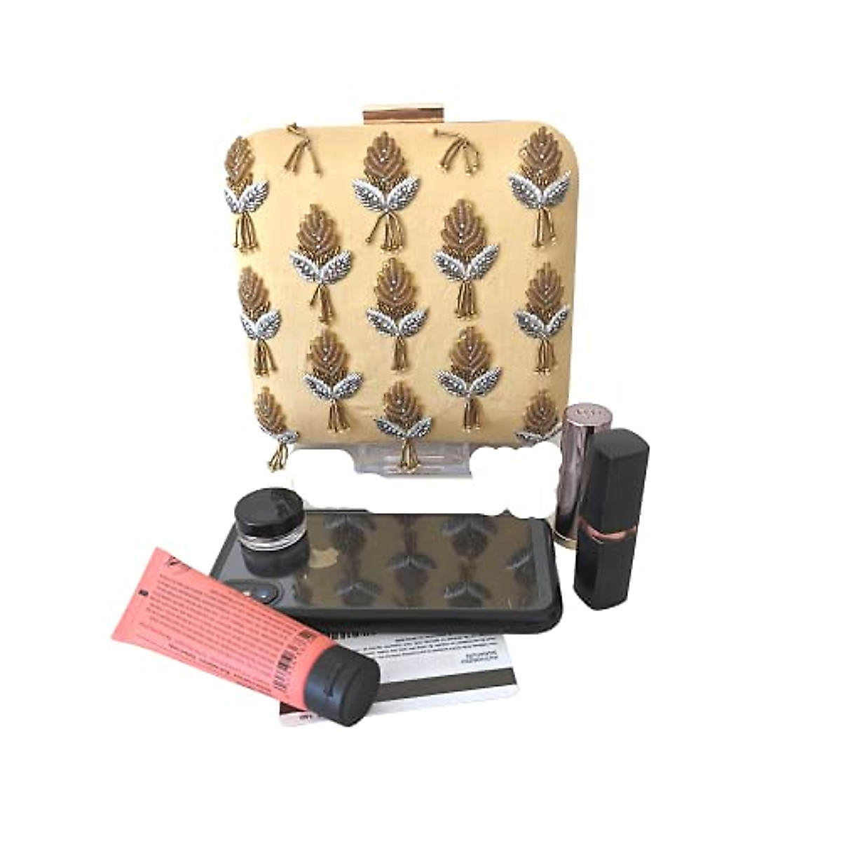 Square Box Clutch, Crossbody Bag, Bridal Clutch Purse, Wedding Bag, Evening Bag With Detachable Shoulder Chain (Gold)