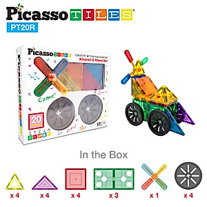 PicassoTiles 20 Piece Magnetic Building Blocks with Detachable Wheels and Windmill Click-in Inserts Magnet Construction Toy Car Set STEM Learning Kit Educational Playset Child Brain Development PT20R