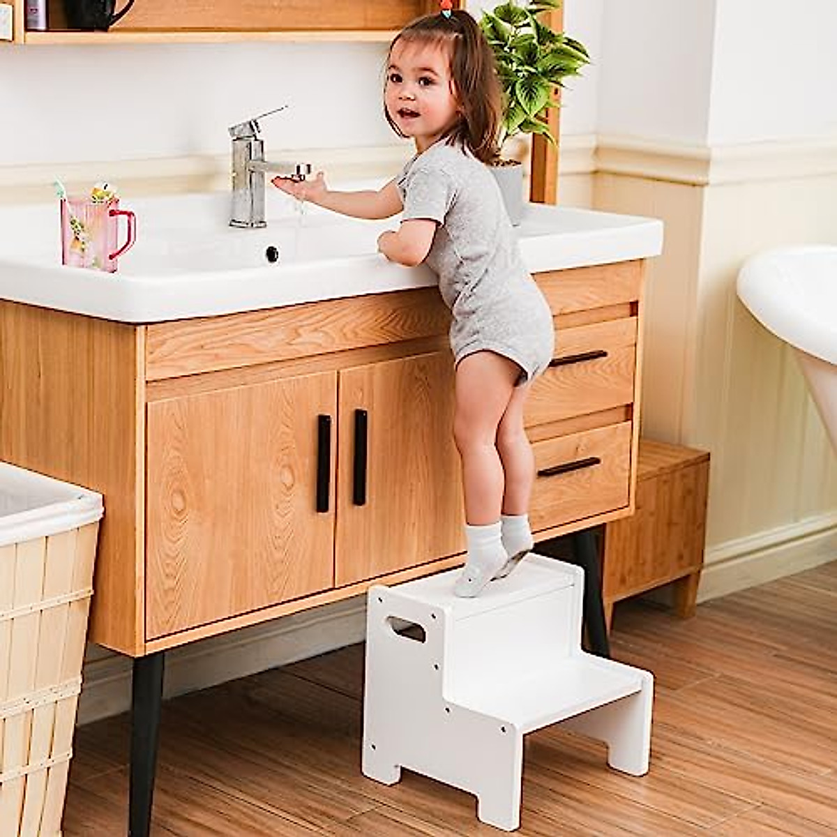 Wooden Step Stool,Two Step Stool for Kids/Adults,Supports 200 lbs Kids Toddler Stepping Stool Toilet/Kitchen/Bed Step Stool,White