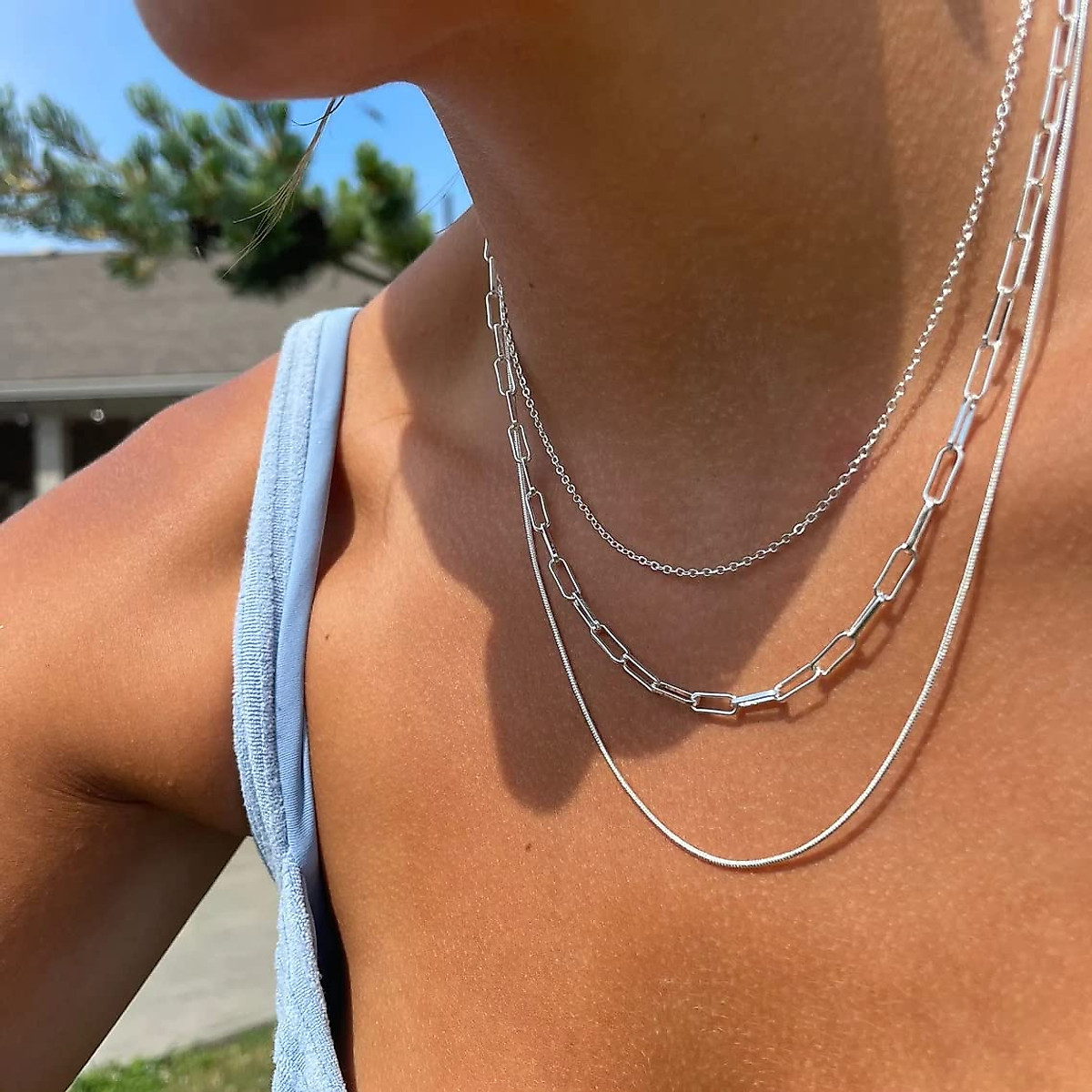 Tasiso Silver Necklaces for Women Silver Plated Layering Paperclip Box Chain Necklace Layered Simple Chain Choker Necklace Set Minimalist Everyday Waterproof Jewelry Gifts