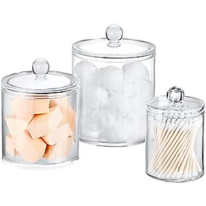 Marathon Studios Qtip Holder Dispenser Acrylic Clear 3 Pack for Cotton Swabs/Cotton Balls/Cotton Rounds, Bathroom Accessories Apothecary Jars Vanity Organizer, Bathroom Canisters - 30 oz/20 oz/10 oz