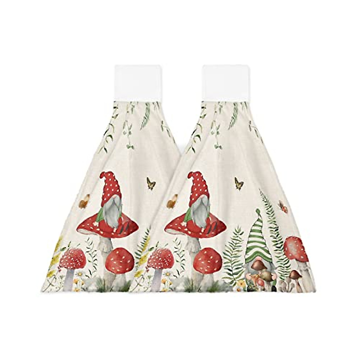 Mushroom Gnomes Hanging Kitchen Towels 2 Pack, Hand Towels with Hanging Loop for Bathroom, Spring Floral Teal Botanical Rustic Burlap Kitchen Hand Towels Absorbent Dish Cloths Tie Dry Towel 18"x14"