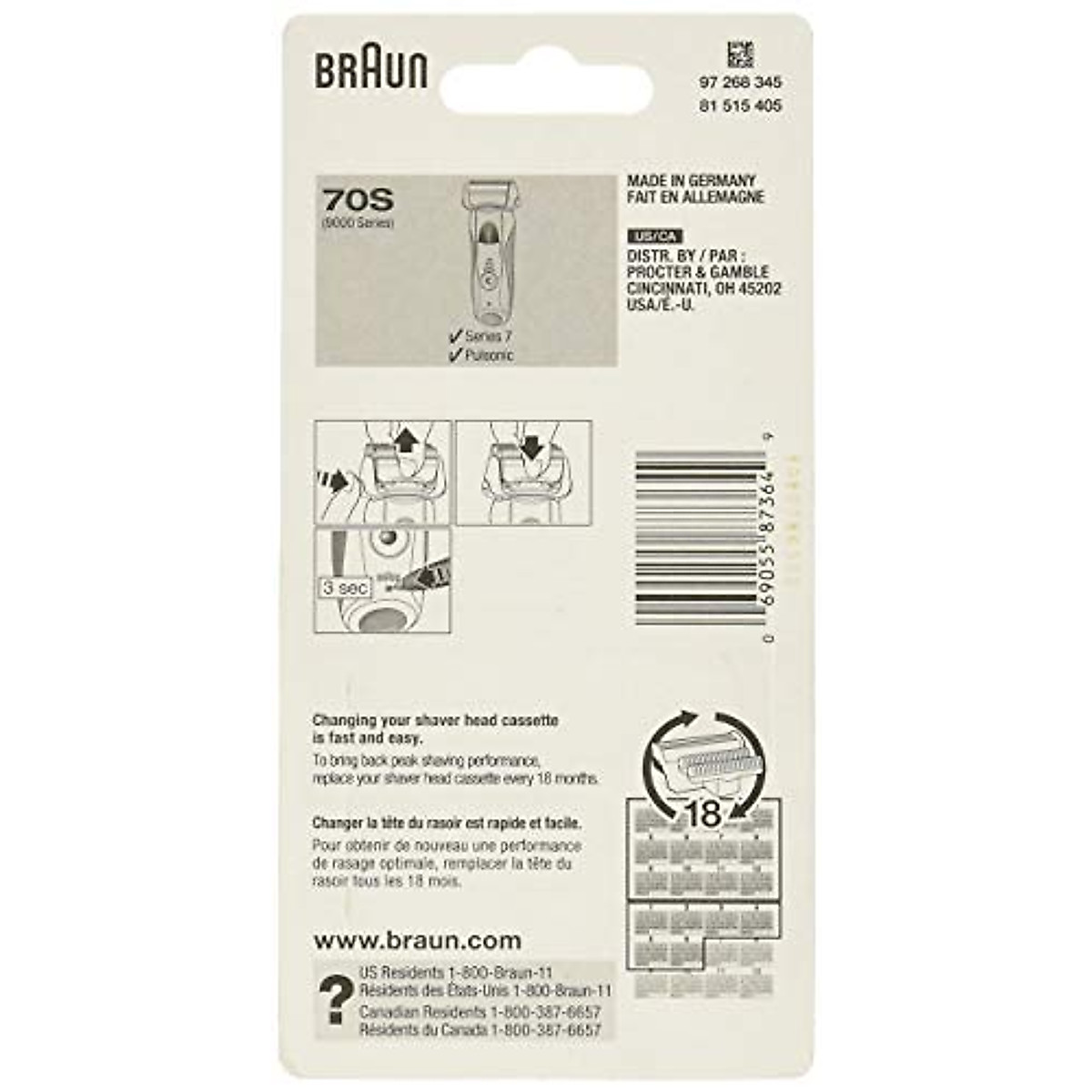 Braun Series 7 70S Electric Shaver Head Replacement Cassette – Silver