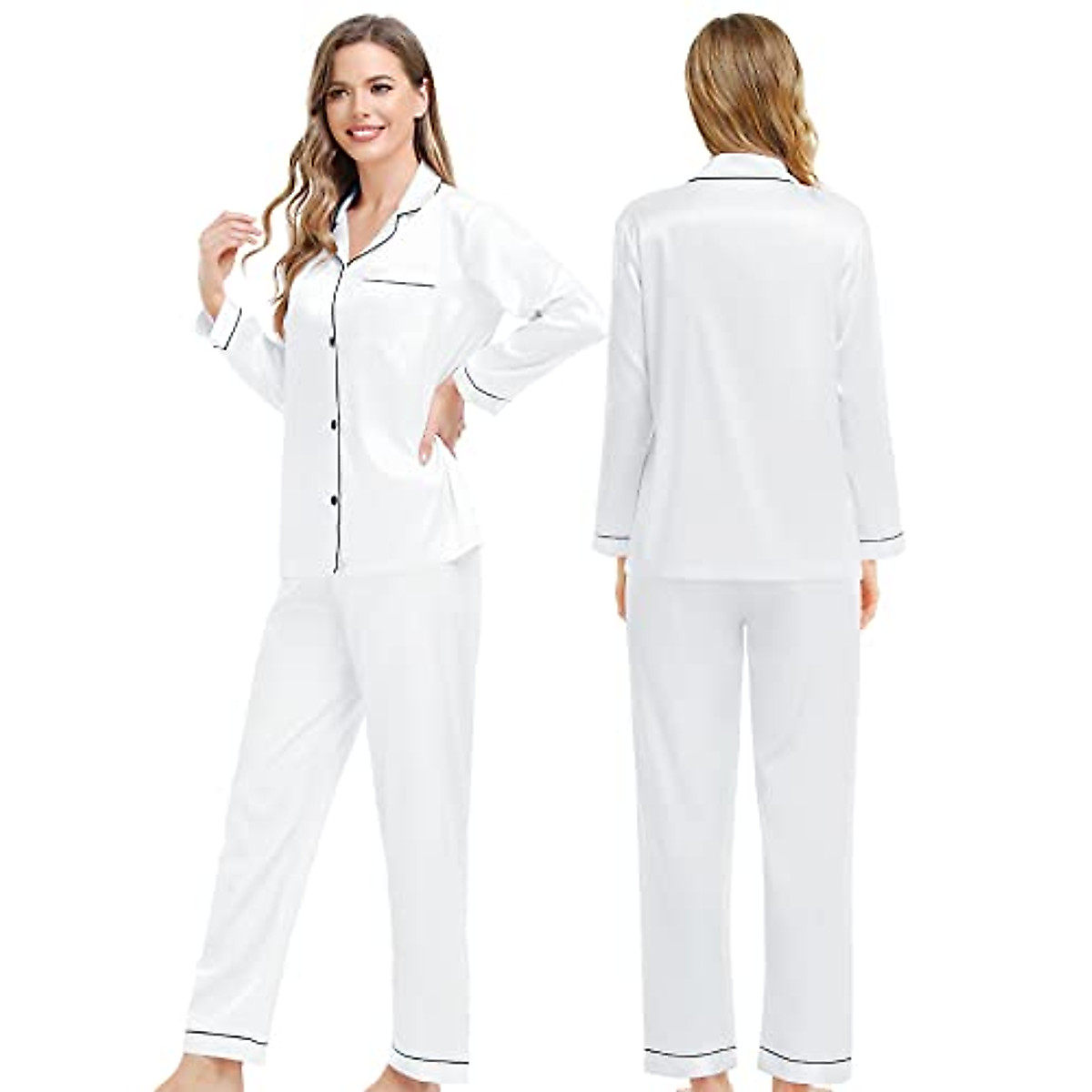 SWOMOG Silk Pajamas for Men Satin Long Sleeve Sleepwear Soft Button Down Loungewear 2 Pcs Pj Set Women/Men White Medium