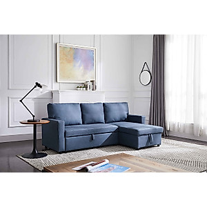 ATY Reversible Sectional Sleeper Sofa with Storage Chaise, L Shape Couch with Pull-Out Bed, Living Room Furniture, 85", Blue