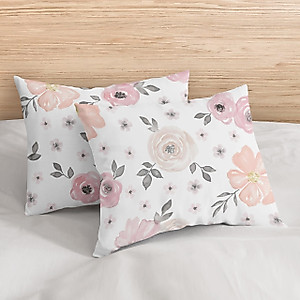 Sweet Jojo Designs Blush Pink, Grey and White Shabby Chic Watercolor Floral Girl Full/Queen Kid Childrens Bedding Comforter Set 3 Pieces - Rose Flower