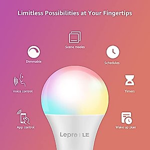 LE Smart Light Bulbs, LED Color Changing Lights, Works with Alexa and Google Assistant, RGB & Soft Warm White, 60 Watt Equivalent, Dimmable with App, A19 E26, No Hub Required, 2.4GHz WiFi Only, 4 Pack
