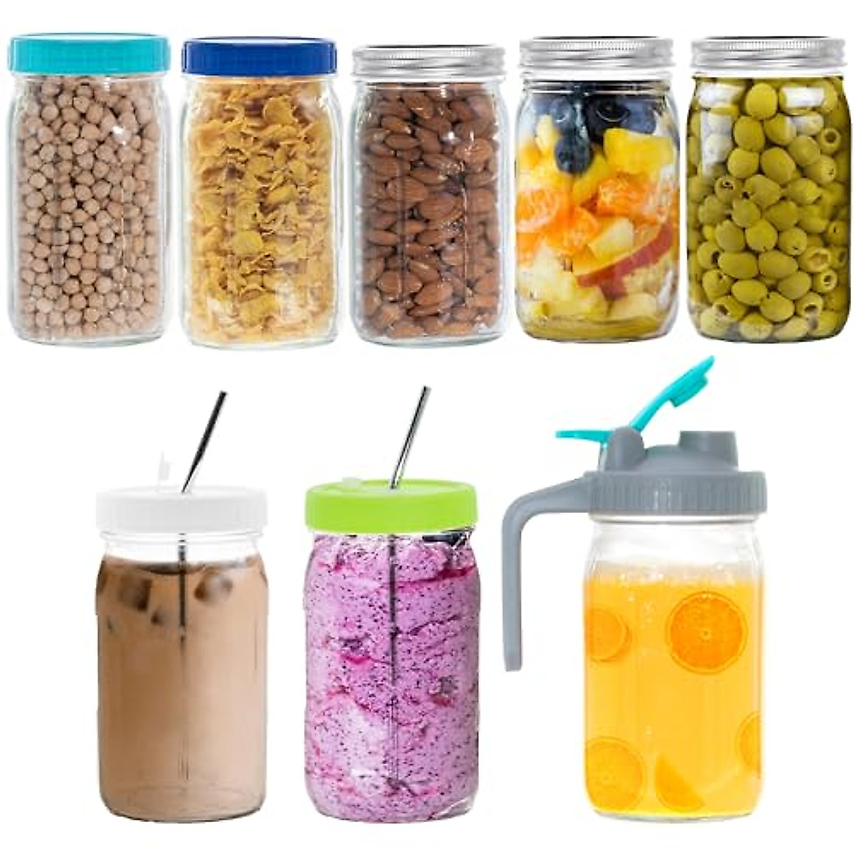 Mason Jars 32 oz (14pc Set) Multi-Purpose Wide Mouth Mason Jars 32 oz |Use Quart Mason Jars as Mason Jar Pitcher, Breastmilk Pitcher, 32 oz Mason Jars, Juice Pitcher or Canning Jars 32 oz -Leakproof