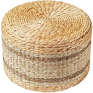 PrimeZone Patio Pouf Ottoman 18" D x 18" W x 12" H, Hand Woven Natural Seagrass Rattan Indoor Outdoor Footstool, Round Boho Poufs Footrest Floor Chair Seat for Living Room, Bedroom, Porch, Stripe