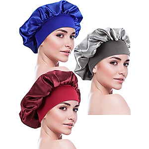 Blulu 3 Pieces Sleep Cap Satin Bonnet Night Head Cover Sleeping Soft Hair Turbans for Women and Girls (Silver Wine red Royal Blue)