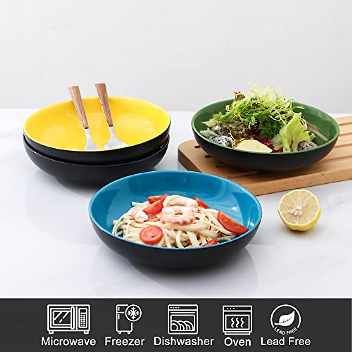 KitchenTour Ceramic Pasta Bowls - Large and Durable Serving Bowl Set 26 Ounce - Dishwasher and Microwave Safe - Set of 6, Deep blue, Multi-Color