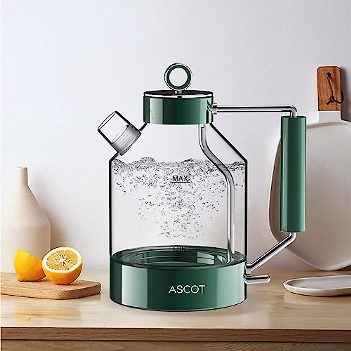 Electric Kettle, ASCOT Glass Electric Tea Kettle 1.6L 1500W Retro Tea Heater & Hot Water Boiler, No Plastic, BPA-Free, Cordless, with Auto Shut-Off and Boil-Dry Protection (Emerald Green)