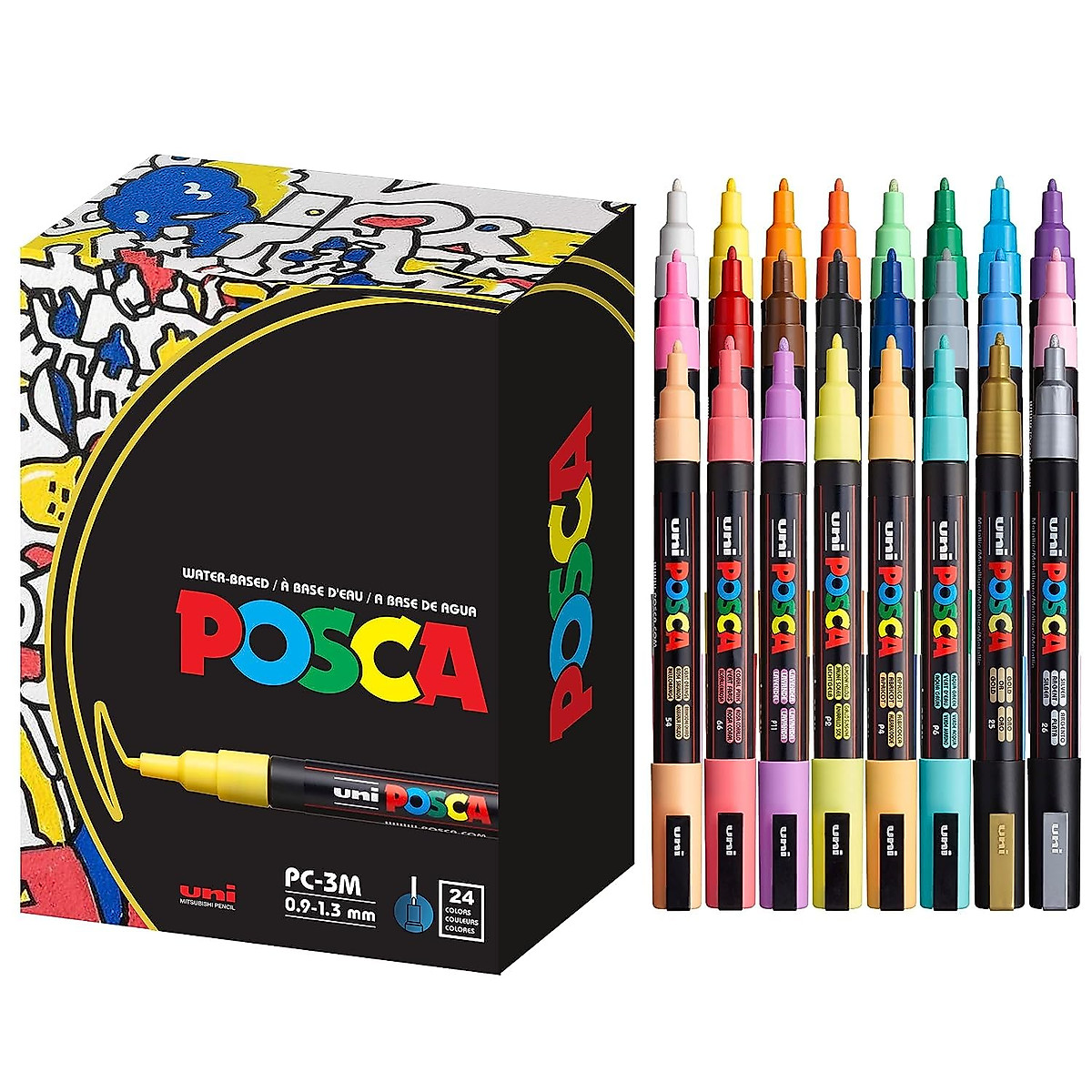 Posca Full Set of 24 Acrylic Paint Pens with Reversible Fine Point Tips, Markers for Rock Painting, Fabric, Glass Paint, Metal Paint, and Graffiti