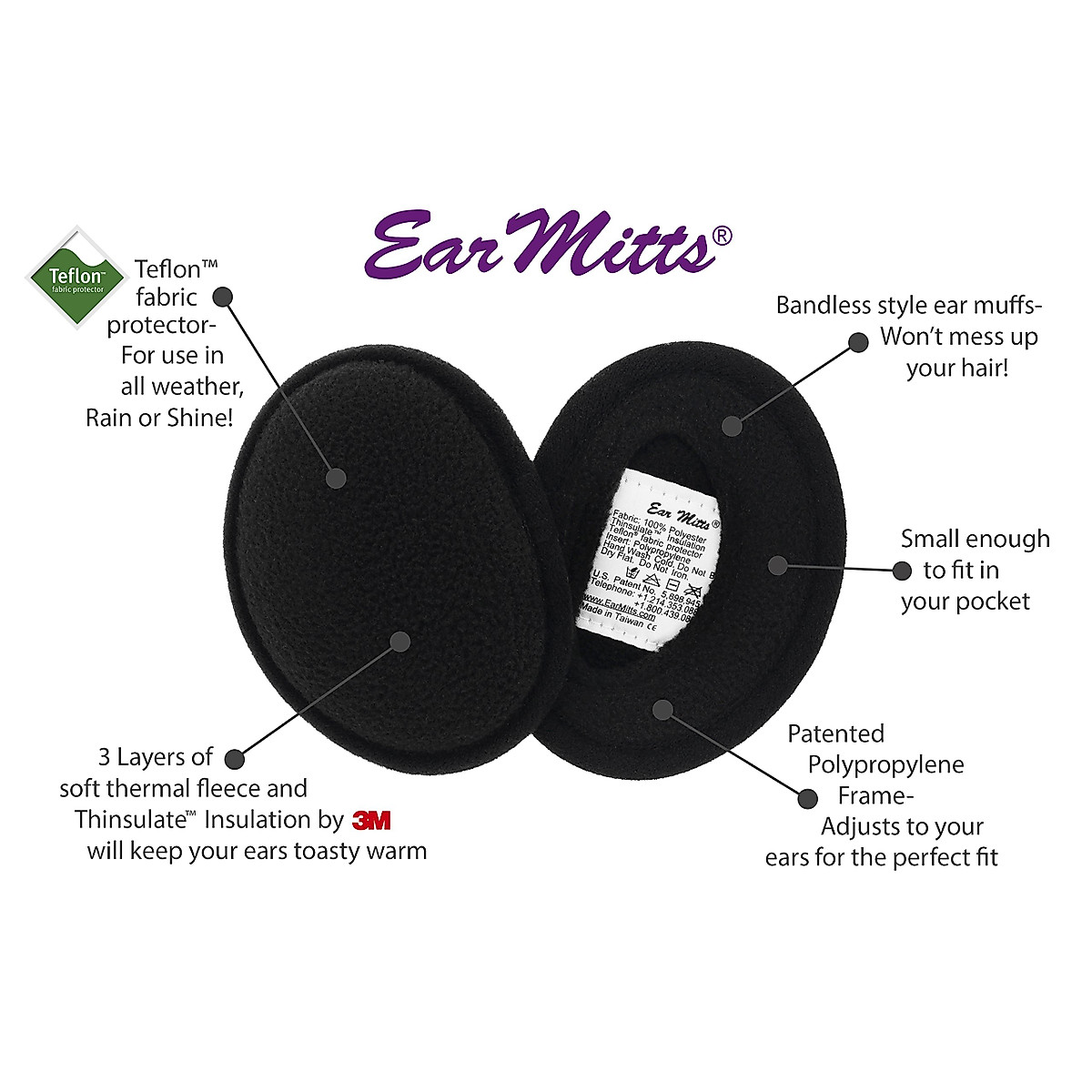 EAR MITTS Bandless Ear Muffs For Men & Women, Black Fleece Ear Warmers, Regular