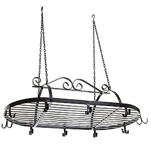 MyGift Black Scrollwork Metal Pot and Pan Ceiling Hanging Rack Heavy Duty Cooking Pans and Utensil Hanger with 10 Dual Hooks