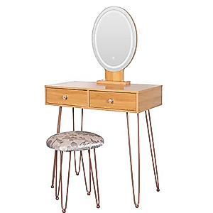 Forsho Dress Table Makeup Table White Vanity Set with 3-Color Dimmable Lighted Mirror Makeup Desk with 2 Drawers and Yellow Padded Stool