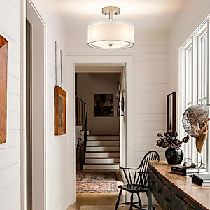 FOLKSMATE 3-Light Semi Flush Mount Ceiling Light Fixture, Drum Light with Double Fabric Shade, Modern Close to Ceiling Lamps for Dining Room Kitchen