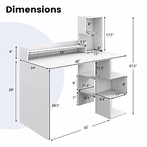 Tangkula White Desk with Storage Bookshelf & Hutch, 48” Modern Home Office Desk with 8 Storage Shelves, Space Saving Writing Study Desk for Bedroom, Compact Computer Workstation for Home