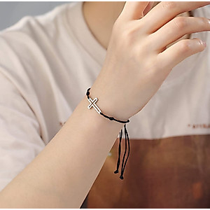 UNIFT Cross Bracelet For Women Men Stainless Steel Hollow Out Cross Adjustable Sideways Double Rope String Bracelet Christian Catholic Jewelry (silver, Stainless Steel)