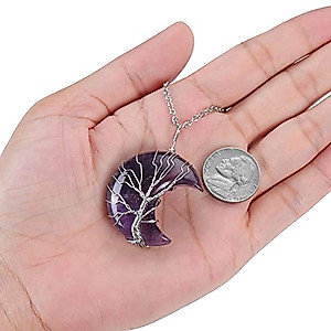 PESOENTH Amethyst Crystal Necklace Healing Crystal Moon Necklace Life Tree Wire Wrapped Natural Purple Crystal Stone Necklace Reiki Spirtual Quartz Crescent Moon Pendant for Women Men Jewelry Gift