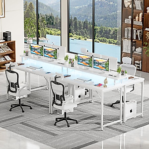 iSunirm 55 inch Computer Desk with Power Outlets, Office Desk Gaming Desk with LED Lights, Home Office Desk with Monitor Shelf, Modern Work Desk Study Writing Table for Bedroom, Pure White