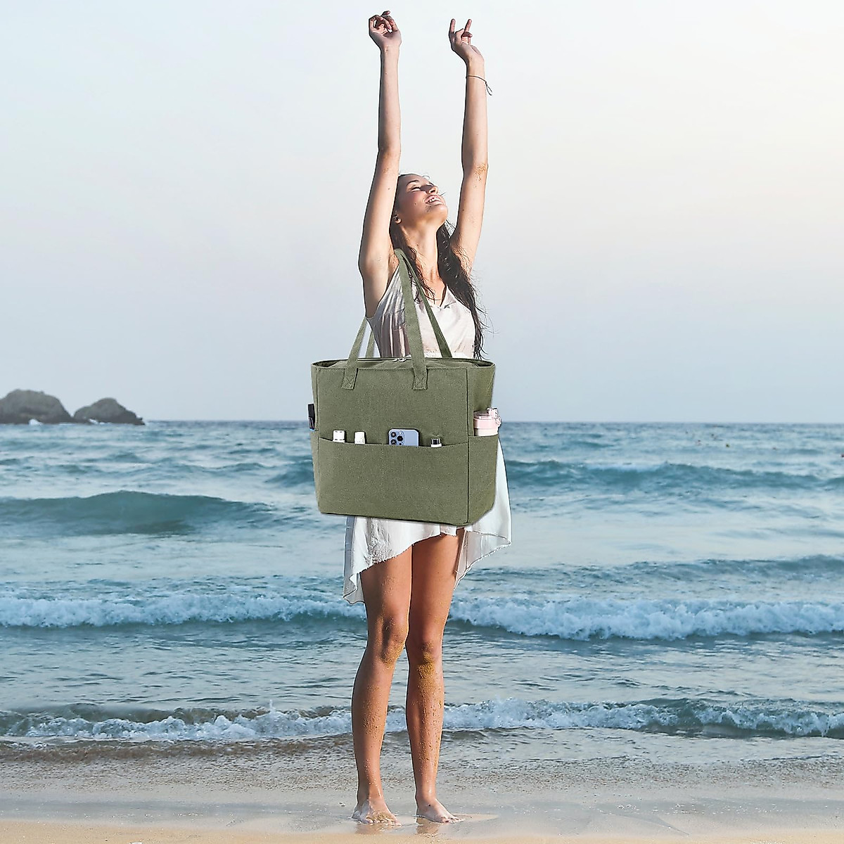 LEDAOU Beach Bag Waterproof Sandproof Women Tote Bag Pool Bag with Zipper for Gym Grocery Travel with Wet Pocket