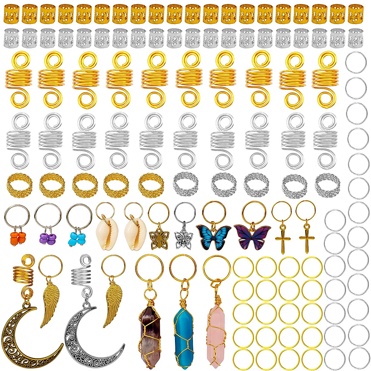 Loc Jewelry for Dreadlocks - Handmade Wire Wrapped Natural Crystal Adornment - Butterfly Hair Rings, Hair Charms, Coil Cuffs for Women, Girls, Men