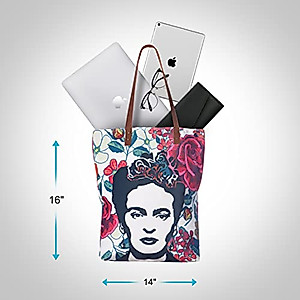 Akitai Frida Kahlo Inspired White Portrait Buenos Aires Mural Floral Tote Bag Relaxed - Shoulder - Great For Shopping, Travelling, and Days Out – Boho - Handbag - Art Bag in the Image of Frida Kahlo
