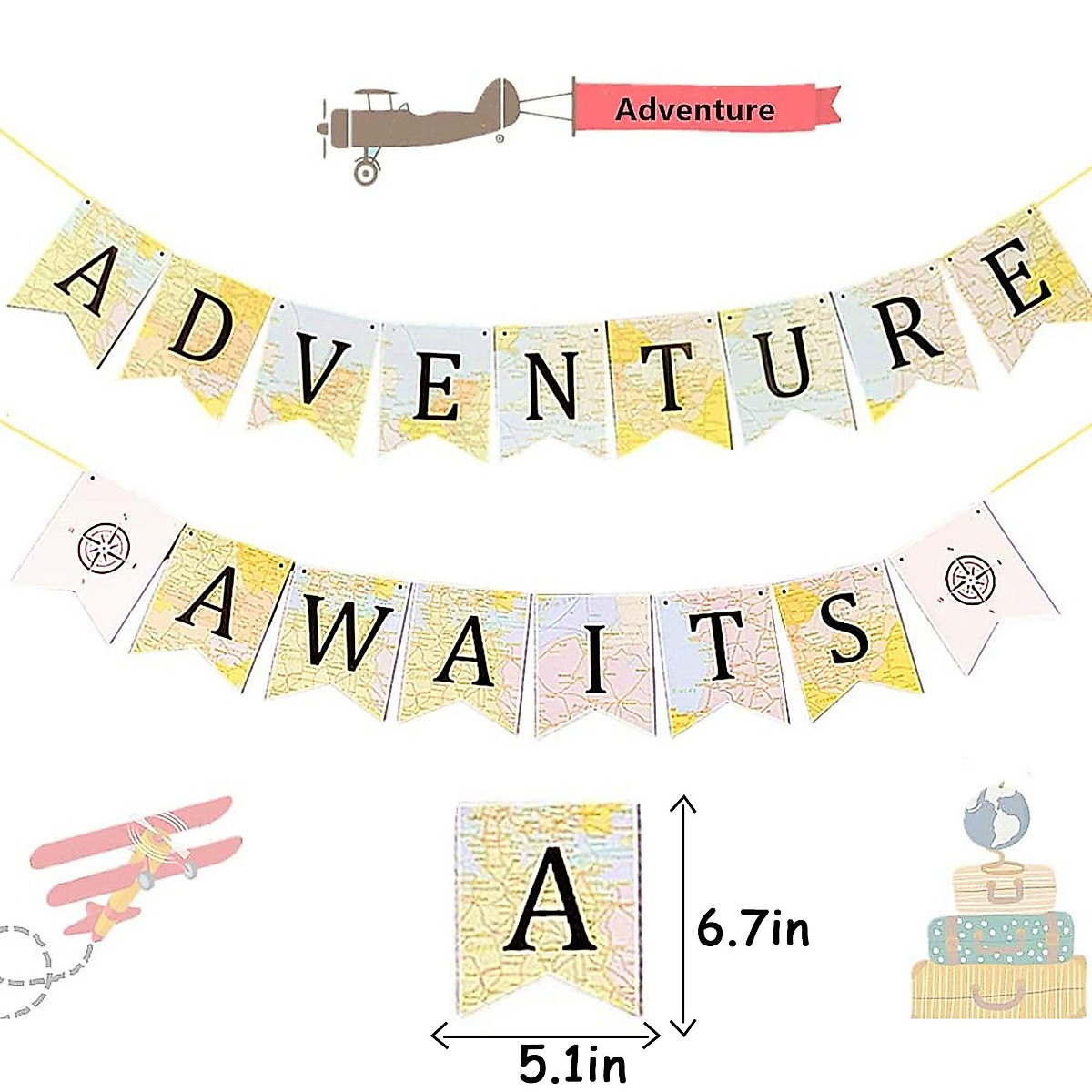 JeVenis Adventure Awaits Banner Bon Voyage Banner Travel Theme Banner World Map Travel Themed Baby Shower Banner Vintage Atlas Map Banner for Bridal Shower Graduation Party Moving Party