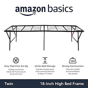 Amazon Basics Foldable Metal Platform Bed Frame with Tool Free Setup, 18 Inches High, Sturdy Steel Frame, No Box Spring Needed, Twin, Black