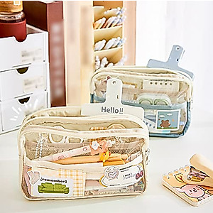 Clear Cute Pencil Case Kawaii Pencil Case Multi-Layer Aesthetic Pencil Pouch Marker Case Holder Storage Bag (Beige)