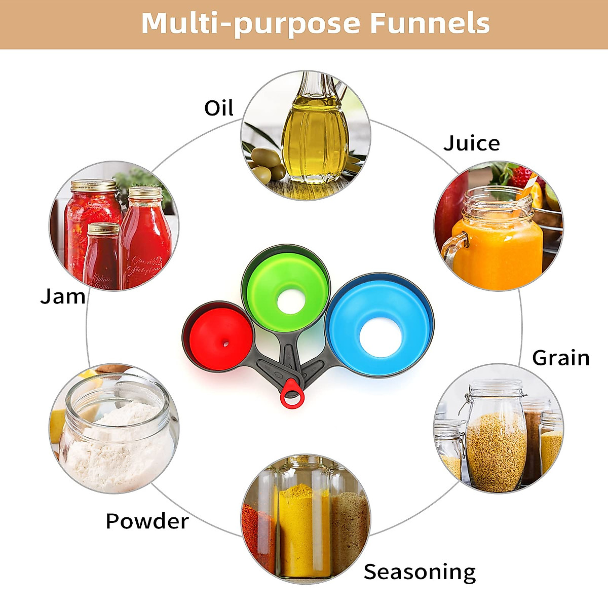 Funnels for Kitchen Use Set of 3, Dokpod Collapsible Funnels for Filling Bottles, Wide Mouth Canning Funnel, Small Medium Large Funnel Set for Filling Solid Particles, Powder and Liquid, Funnel