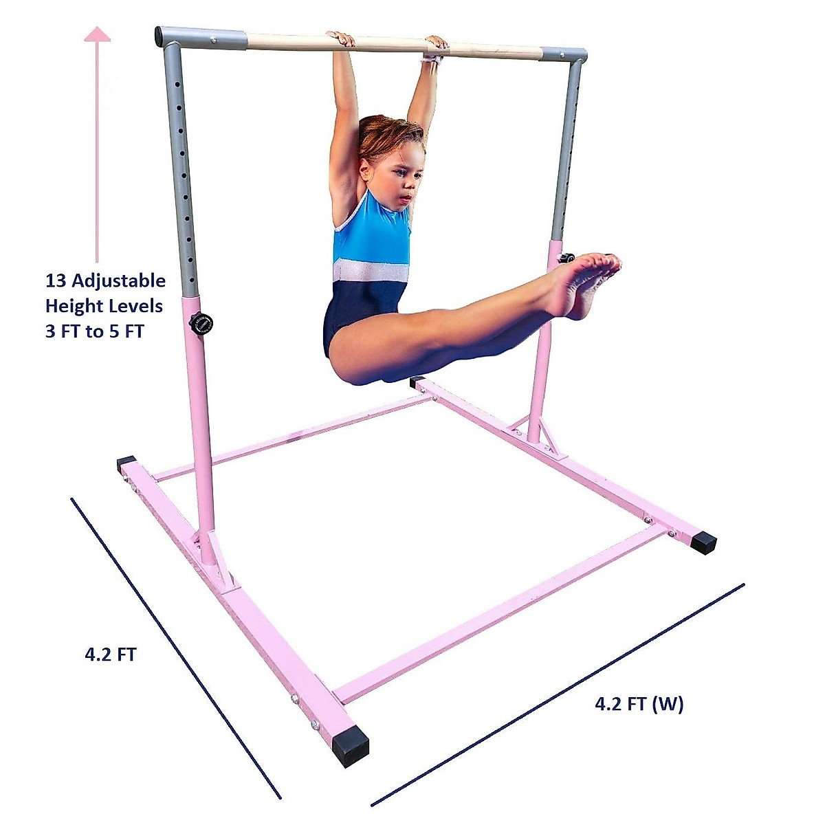 Athletic Bar Kids Gymnastics Junior Horizontal Kip Bar 3 to 5 FT Training Jungle Gym Expandable Adjustable Height 3 to 5 FT Tumble Weight Capacity 300 Pounds (Pink)