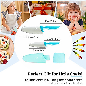 Kibbidea 4 Pcs kids knife set for real cooking, Kids First Cutting Knife Set, Round Tip Kids Friendly Kitchen Knife, BPA-free Stainless Steel Kids Chef Knife to Learn to Cook (Blue)