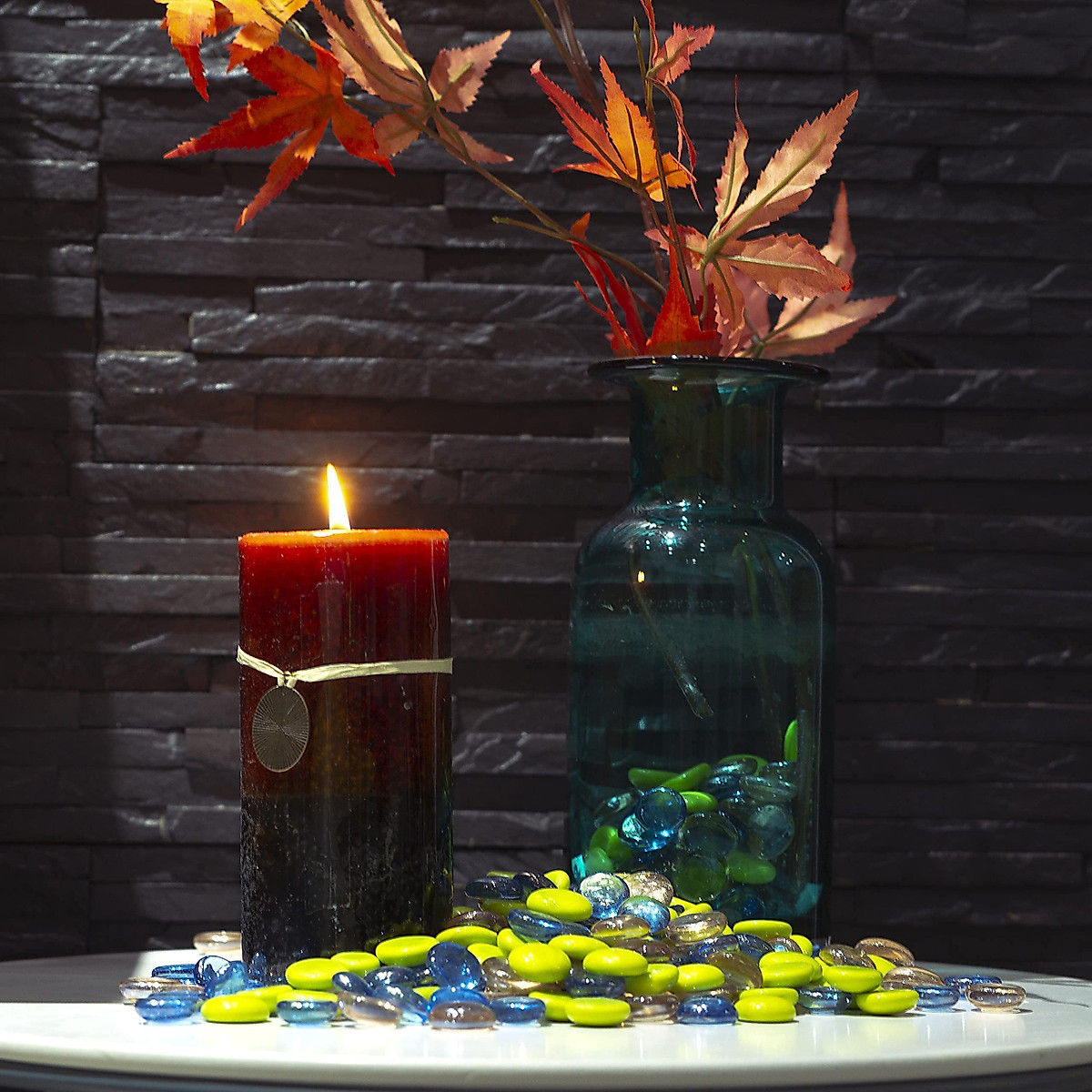 2 LB Floral Glass Gems Stones Flat Marbles Beads Mixed Green,Royal Blue,Peach for Vases Bowl Fillers,Crafts,Table Scatter,Home Centerpieces,Aquarium,Fairy Garden,Candle Holder