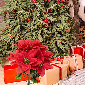 Firlar 4 Pcs Artificial Poinsettia Bouquet, 7 Stems Each, Red Artificial Poinsettia Bushes Fake Poinsettias Flowers, Christmas Decoration Bouquet Silk Poinsettia for Christmas Tree Home Garden Decor