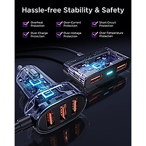 5 Multi USB Car Charger, Car Charger Adapter, USB Car Charger for Multiple Devices, 12V USB Charger Multi Port, Car Charger Cigarette Lighter Adapter USB Charger with 5FT Cable for Back Seat Charging