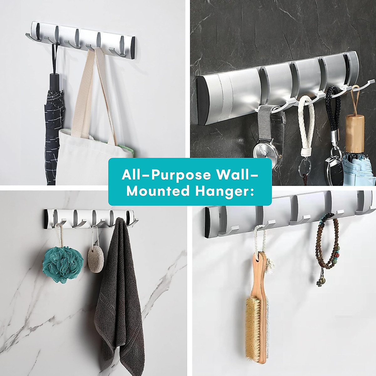 Room/Dividers/Now | Coat Hanger Wall Mount with 5 Retractable Hooks - Space-Saving Wall Coat Rack - Aluminum Hook - Low-Profile Hanging Solution for Home Decor and Organization - Silver