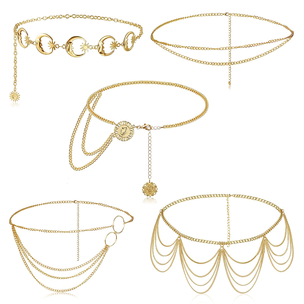 HAIAISO 5PCS Belly Waist Chain Multi-layer Metal Waist Chain Adjustable Body Link Belts Summer Bikini Sexy Waist Body Chain Jewelry for Women(Gold)