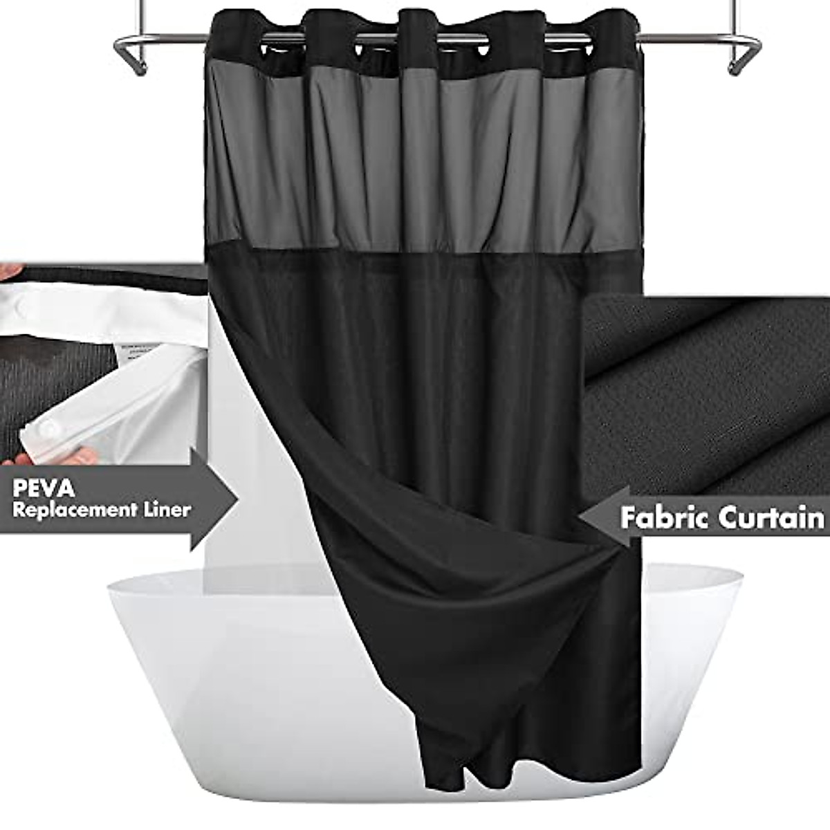 No Hook Slub Textured Shower Curtain with Snap-in PEVA Liner Set - 71" x 74"(72"), Hotel Style with See Through Top Window, Machine Washable & Water Repellent Fabric, Black, 71x74