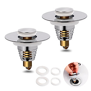 AJOMAN Universal Bathroom Sink Stopper with Hair Catcher, Bathtub Drain Strainer Pop Up 1.1''-1.5'' Push Type Basin Filter, 2 PCs Anti Clogging Filter