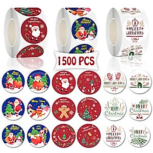 Partywind 1500 PCS Merry Christmas Stickers, Self-Adhesive Stickers Roll for Christmas Ornaments Decorations, Christmas Labels Stickers for Envelopes Crafts Decor (3 Rolls)